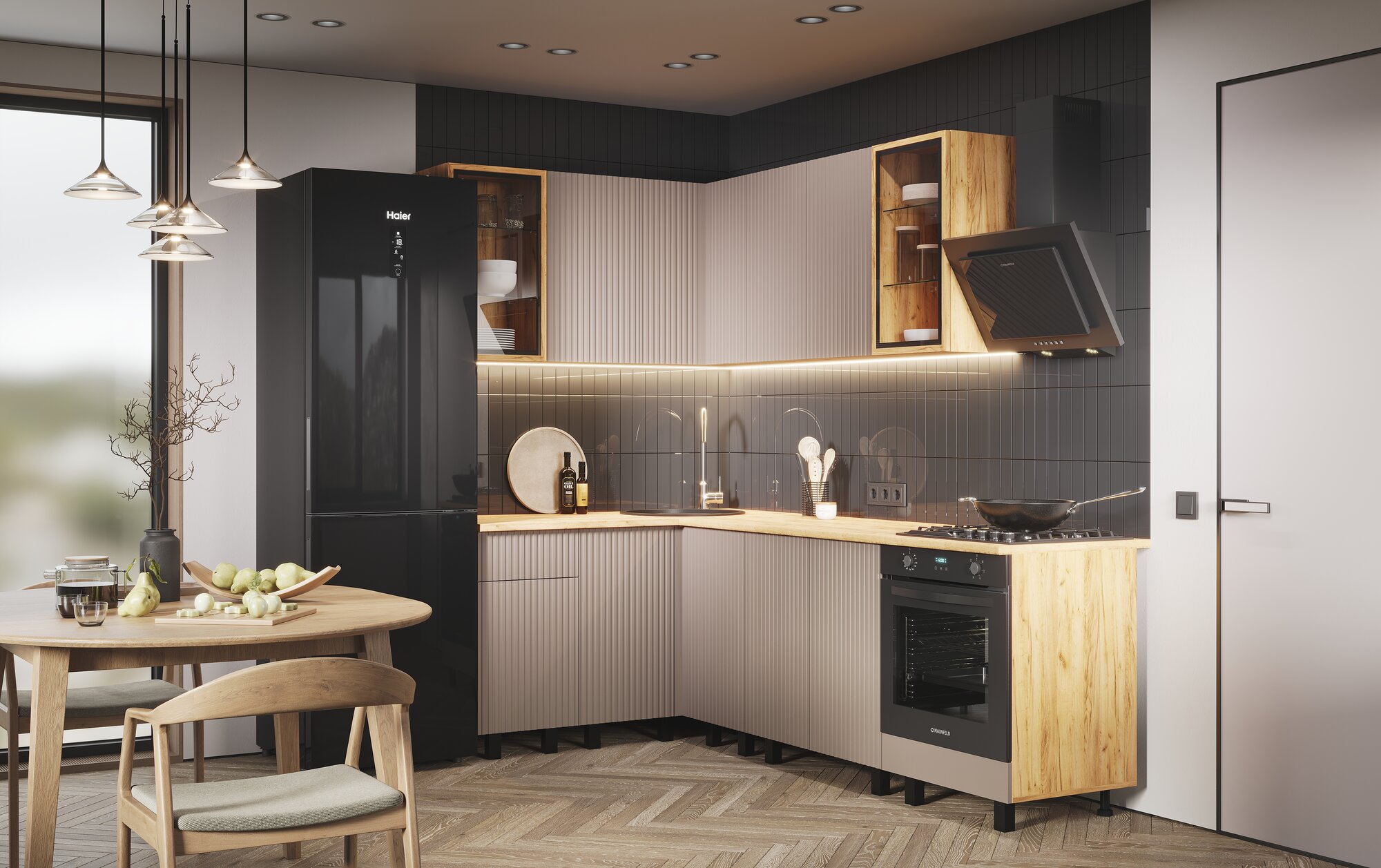 Кухня Эталон со столешницей 1,4 м *2,4 м угловая холст латте/дуб крафт МДФ, фрезеровка волна