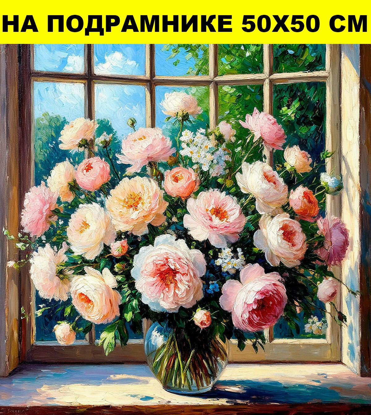 Постер на подрамнике 50х50 букет цветов, картина на стену интерьерная большая