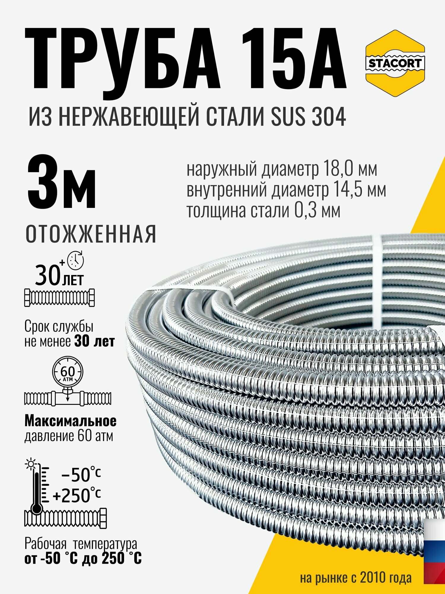 3 м. 15А Гофра для проводов и кабеля из нержавеющей стали, STACORT