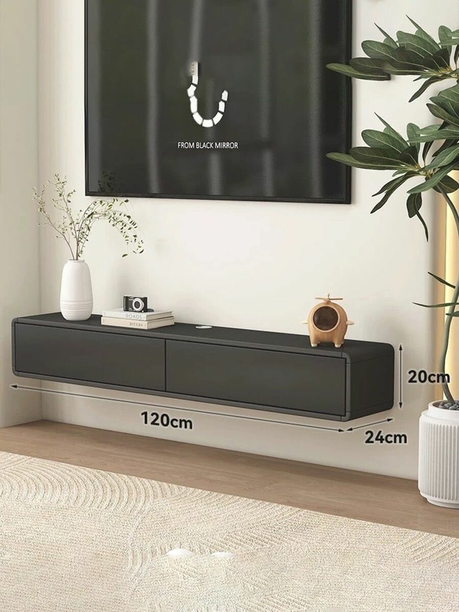 Подвесная тумба под телевизор из массива дерева 120/140x24x20 см до 100 кг с ящиками и скрытыми отверстиями для ТВ