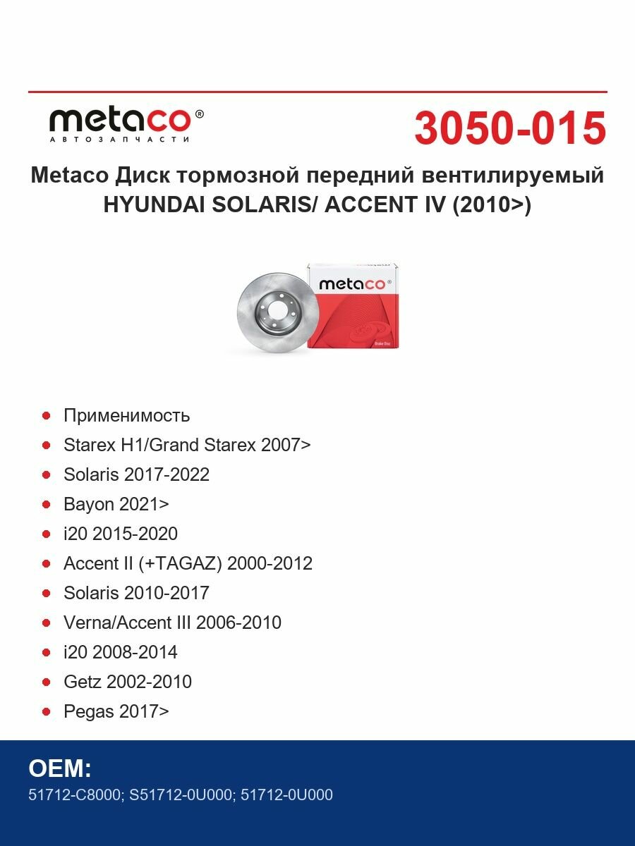 Metaco Диск тормозной передний вентилируемый HYUNDAI SOLARIS/ ACCENT IV (2010>)