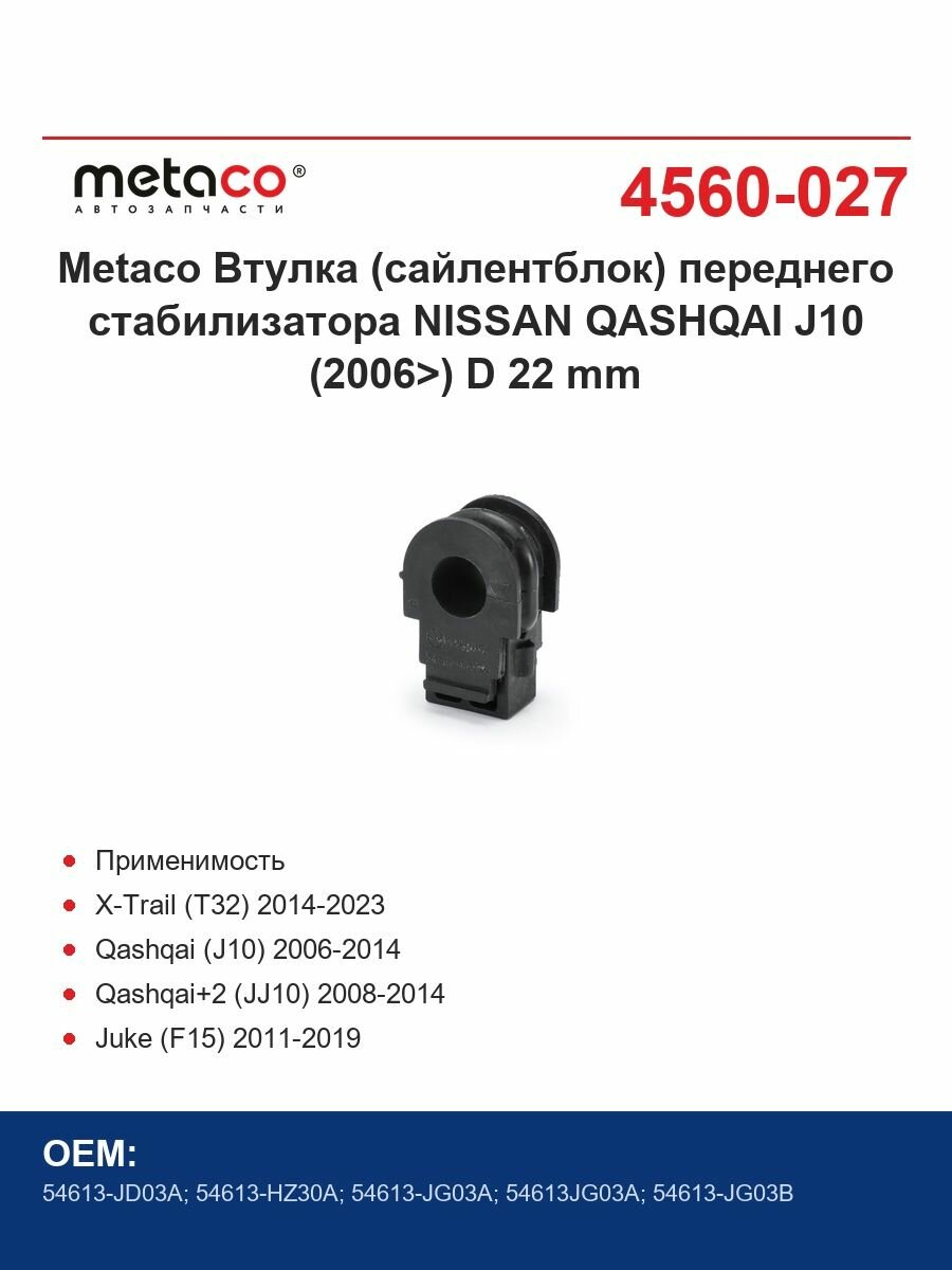 Metaco Втулка (сайлентблок) переднего стабилизатора NISSAN QASHQAI J10 (2006>) D 22 mm