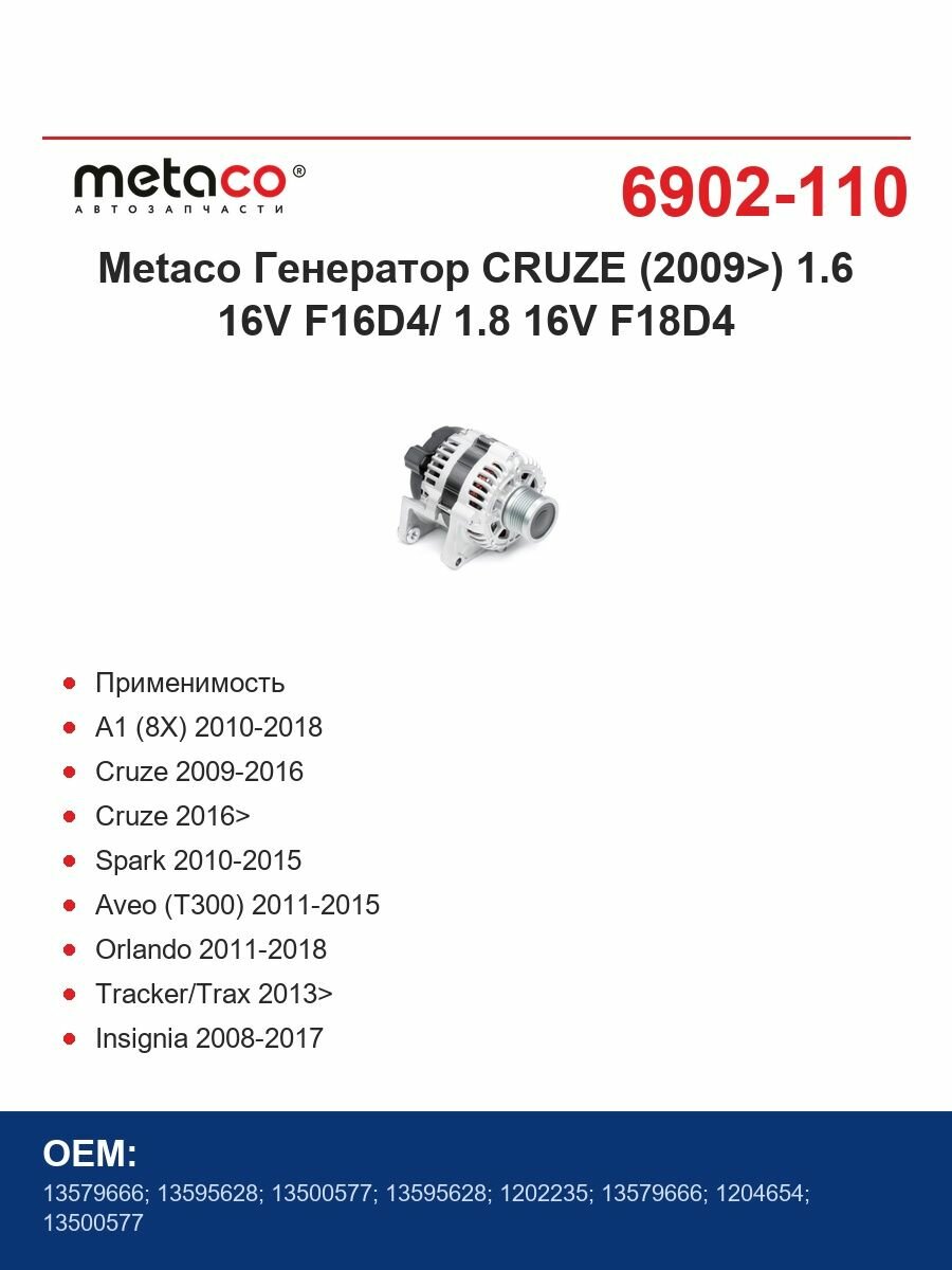 Metaco Генератор CRUZE (2009>) 1.6 16V F16D4/ 1.8 16V F18D4