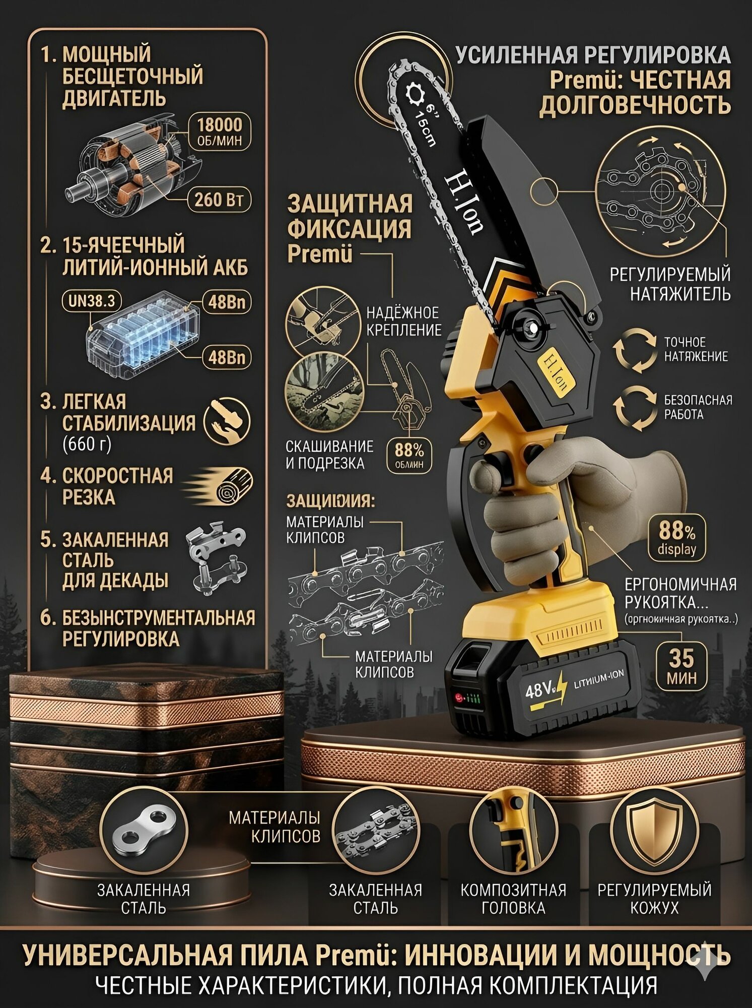Аккумуляторная одноручная цепная пила HJ-9999 для садовой обрезки и бытового распила древесины
