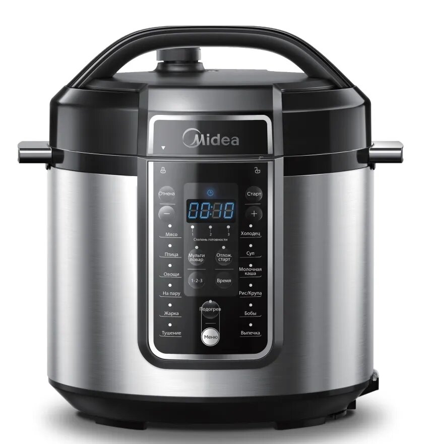 Мини-мультиварка Midea MPC-6033, антипригарная чаша 2 л, 4 автопрограммы, автоподогрев, отложенный старт до 24 ч, книга рецептов, черный/нержавеющая сталь