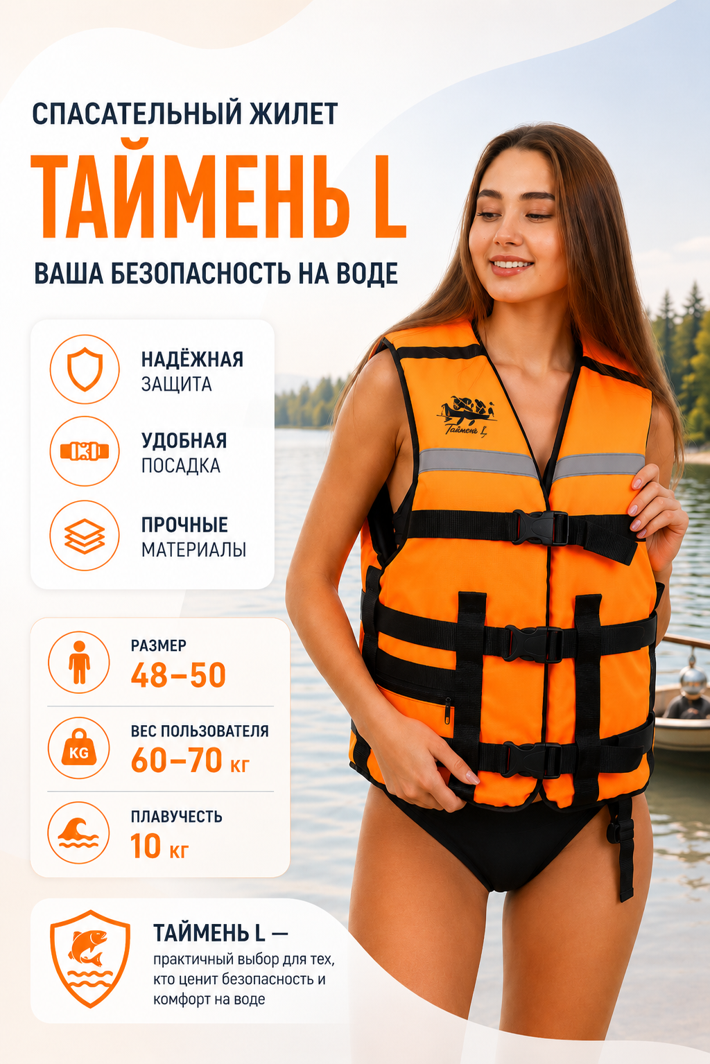Жилет Спасательный Мастер Лодок "таймень" L Оранжевый (48-50 размер)- вес 60-70 кг
