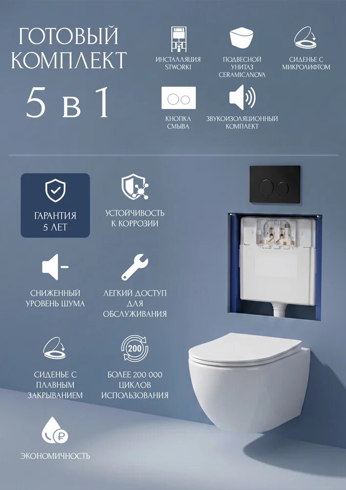 Комплект 5 в 1: Инсталляция STWORKI Хельсинки S33500BK / Унитаз подвесной Ceramicanova Мия (Mia) CN1805 / Сиденье с микролифтом, Комплект шумоизоляции, Кнопка матовая черная