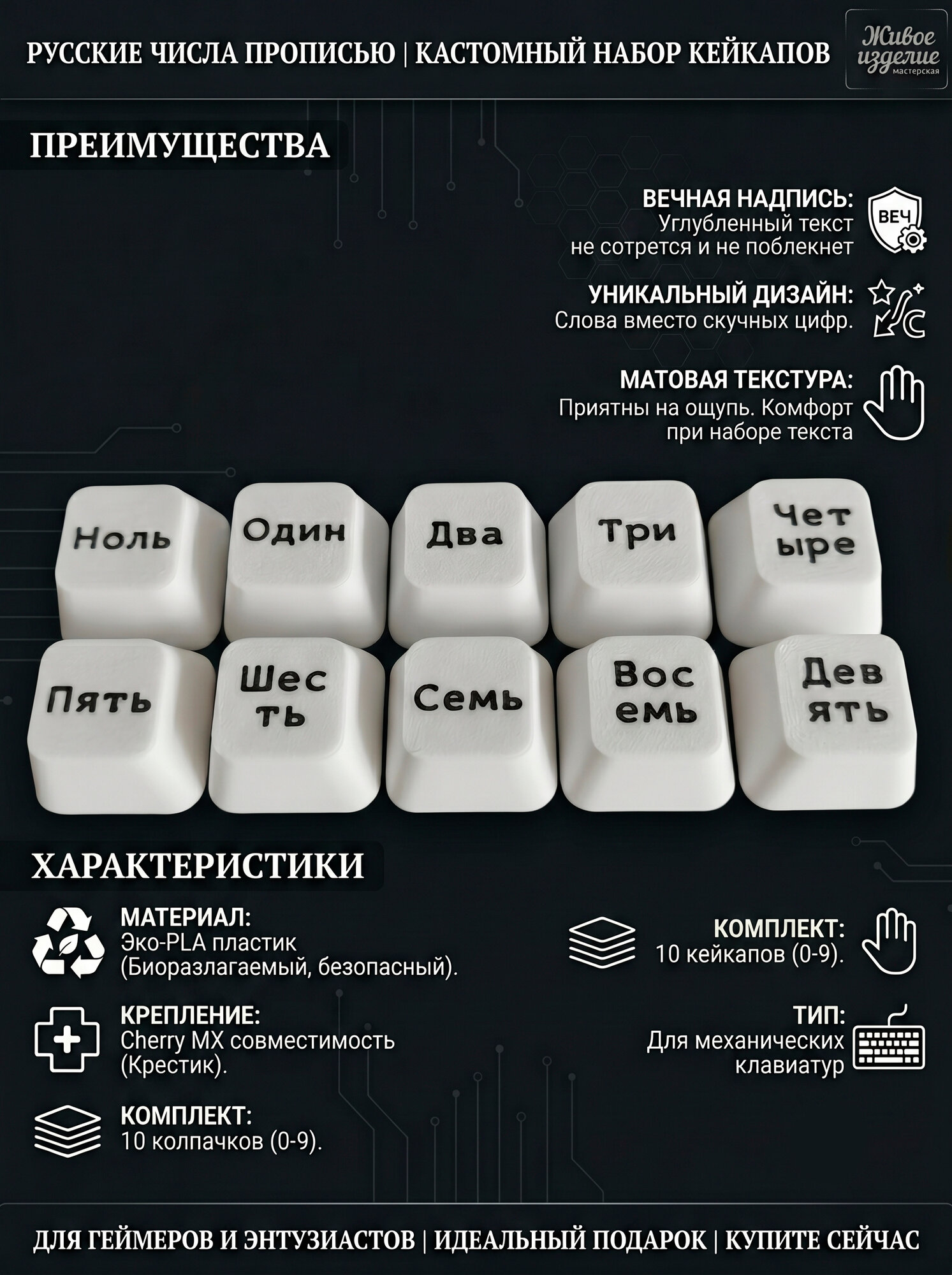 Набор кастомных кейкапов для механической клавиатуры "Русские цифры прописью" (10 шт, от 0 до 9) живое изделие