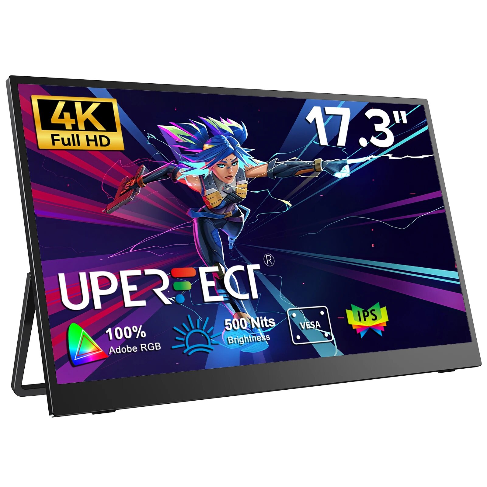 Портативный монитор UPERFECT 17.3" 4K 500 нит, 100% DCI-P3, 16:9 HDR FreeSync IPS-экран, дисплей для путешествий, офиса и игр для ПК, XBox, PS4/5