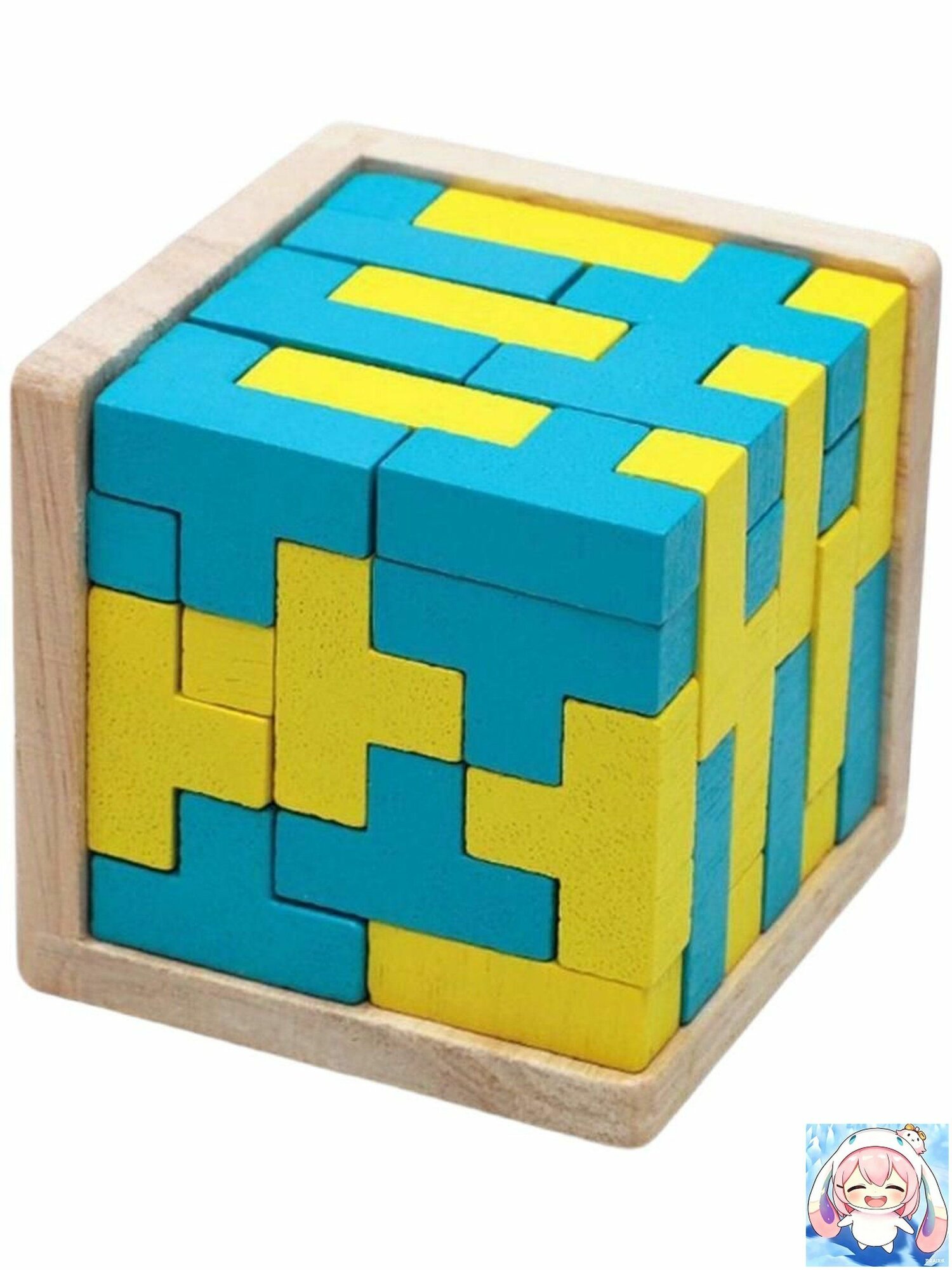 Головоломка деревянный куб 3D тетрис, 3D пазл 3D Wood IQ Puzzle 54T желто-синий