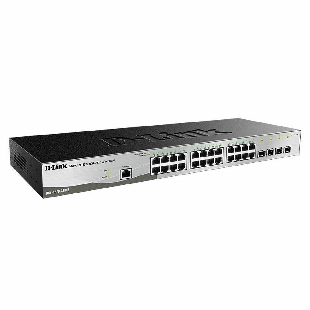 D-Link DGS-1210-28/ME/B2A, L2 Managed Switch with 24 10/100/1000Base-T ports and 4 1000Base-X SFP ports.16K Mac address, 802.3x Flow Control, 4K of 802.1Q VLAN, 802.1p Priority Queu