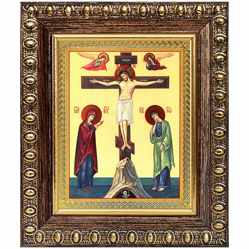 Распятие с предстоящими, икона в темной пластиковой рамке 8,5*10 см