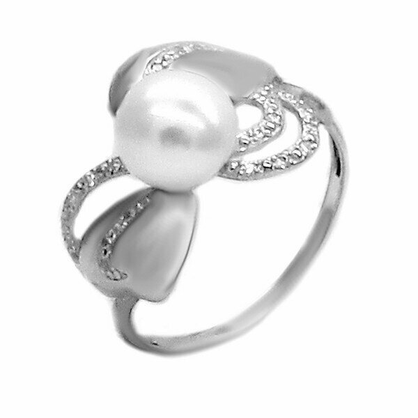Кольцо, серебро, 925 проба, родирование, жемчуг, фианит
