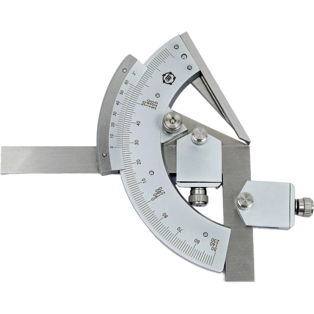 Угломер с нониусом Туламаш 0‑320, стальной прецизионный измерительный прибор с угольником 45°, класс точности высокий