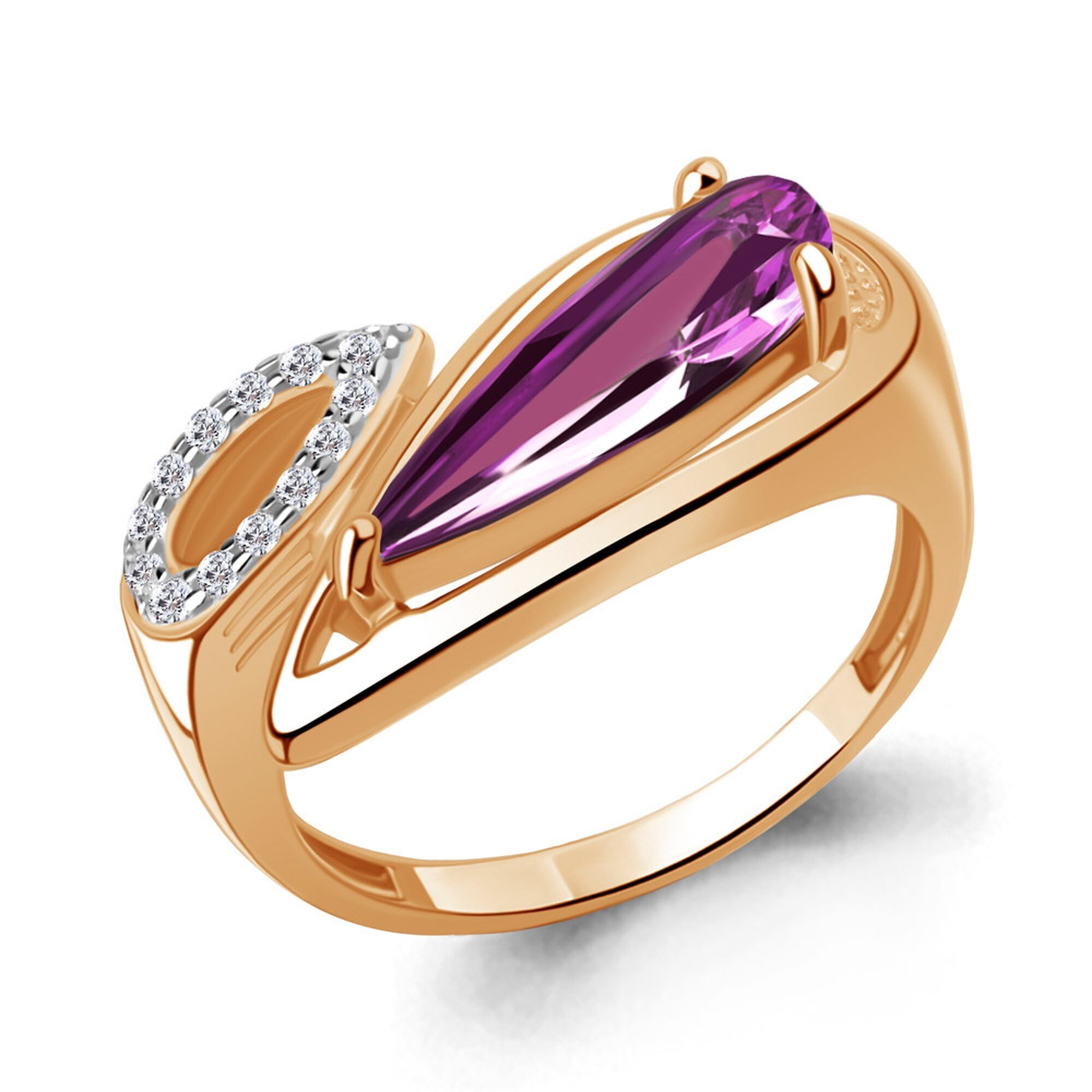 Кольцо, серебро, 925 проба, золочение, фианит, аметист