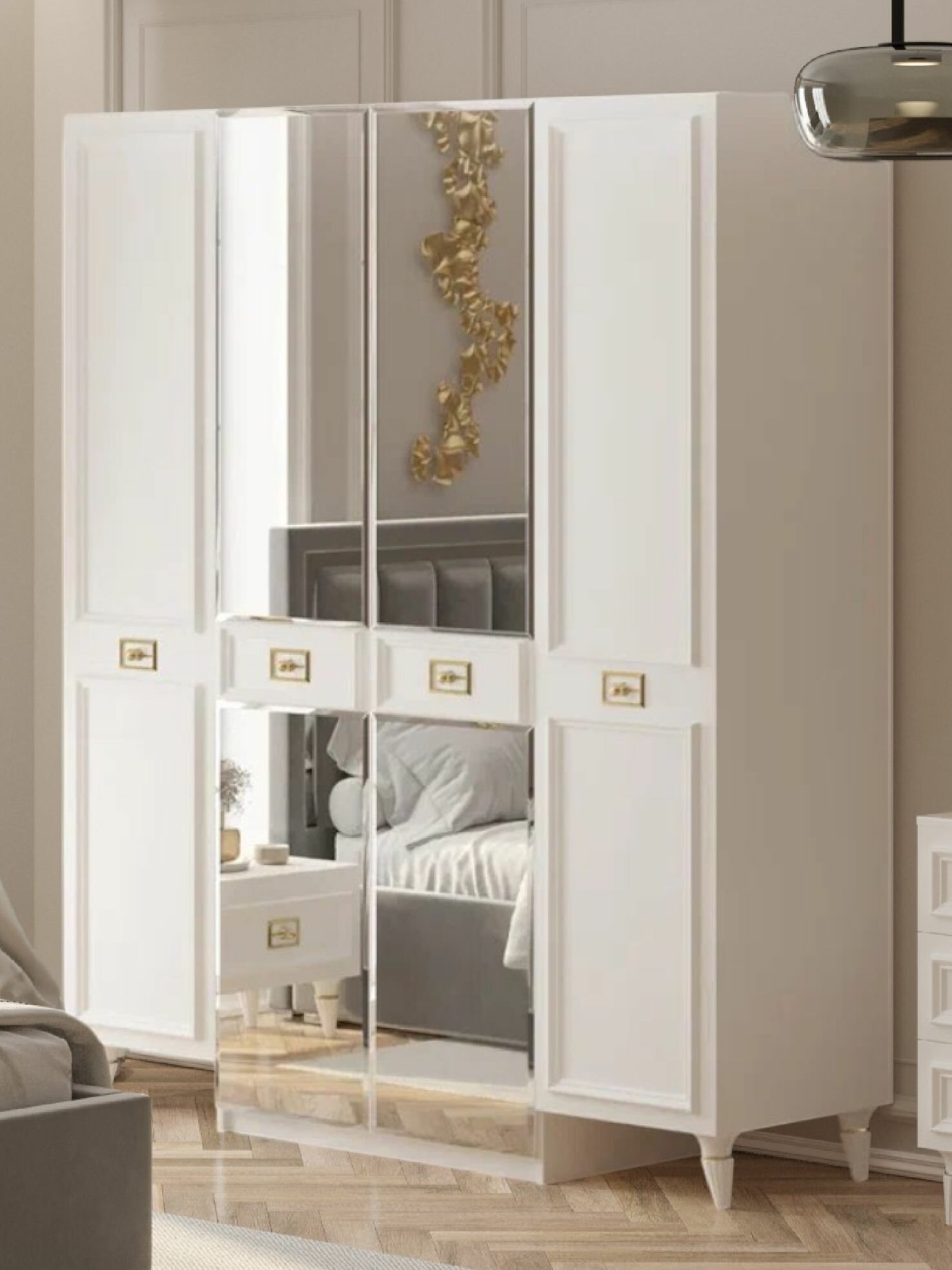 Шкаф Нова, ЛДСП, 4-дверный, распашные двери, белый, золотистый