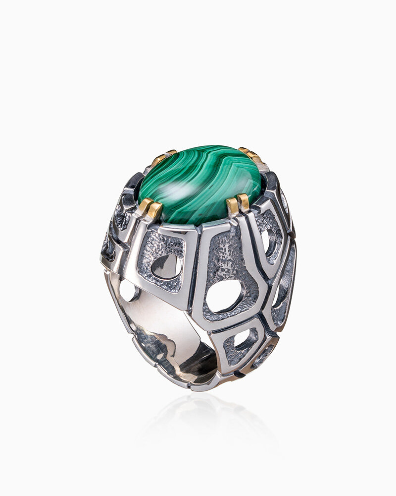 Кольцо, серебро, 925 проба, чернение, малахит