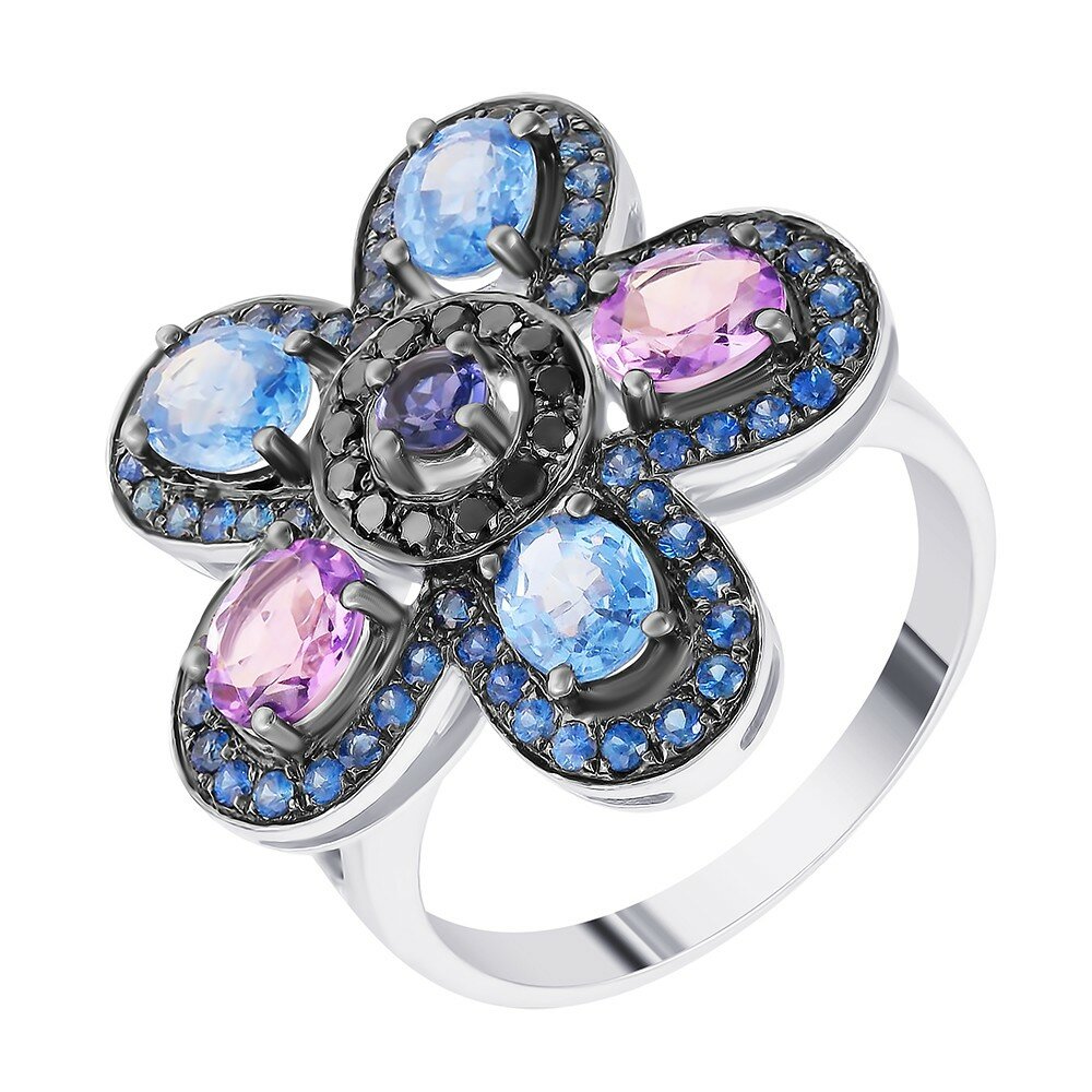 Кольцо, белое золото, 750 проба, бриллиант, иолит, аметист, сапфир