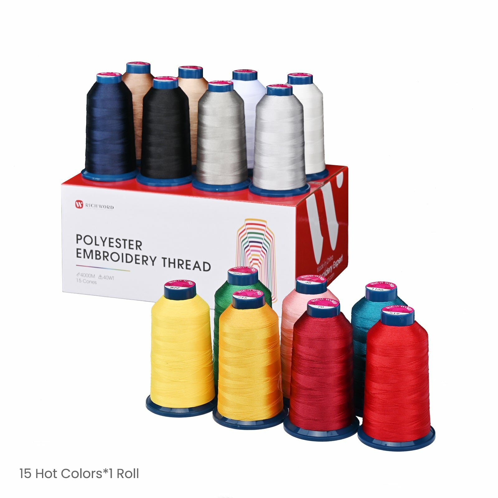 Richword 15 популярных цветов нитки для вышивания 40WT (108D/2) полиэфирные нитки набор 4000 метров в рулоне (4374Y) подходят для вышивальной машины и швейной машины