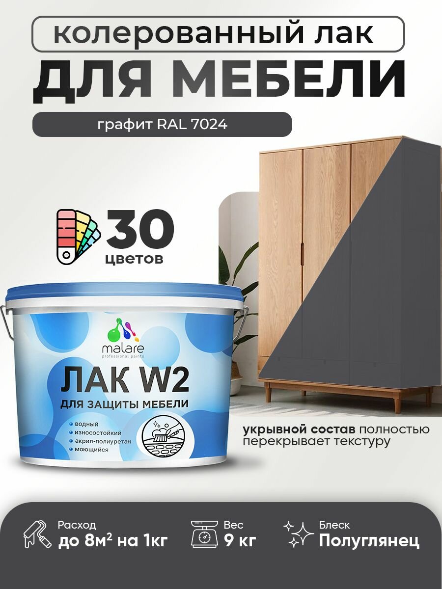 Лак колерованный укрывной лак для мебели Malare W2 для кухонных фасадов, для дерева и минеральных поверхностей, акриловый быстросохнущий без запаха, полуглянцевый RAL 7024 графит, 9 кг.