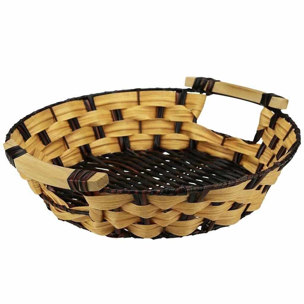 Корзина-сухарница КНР плетеная, диаметр 29 см, высота 6,5 см, полипропилен, бежевый, деревянные ручки, круглая