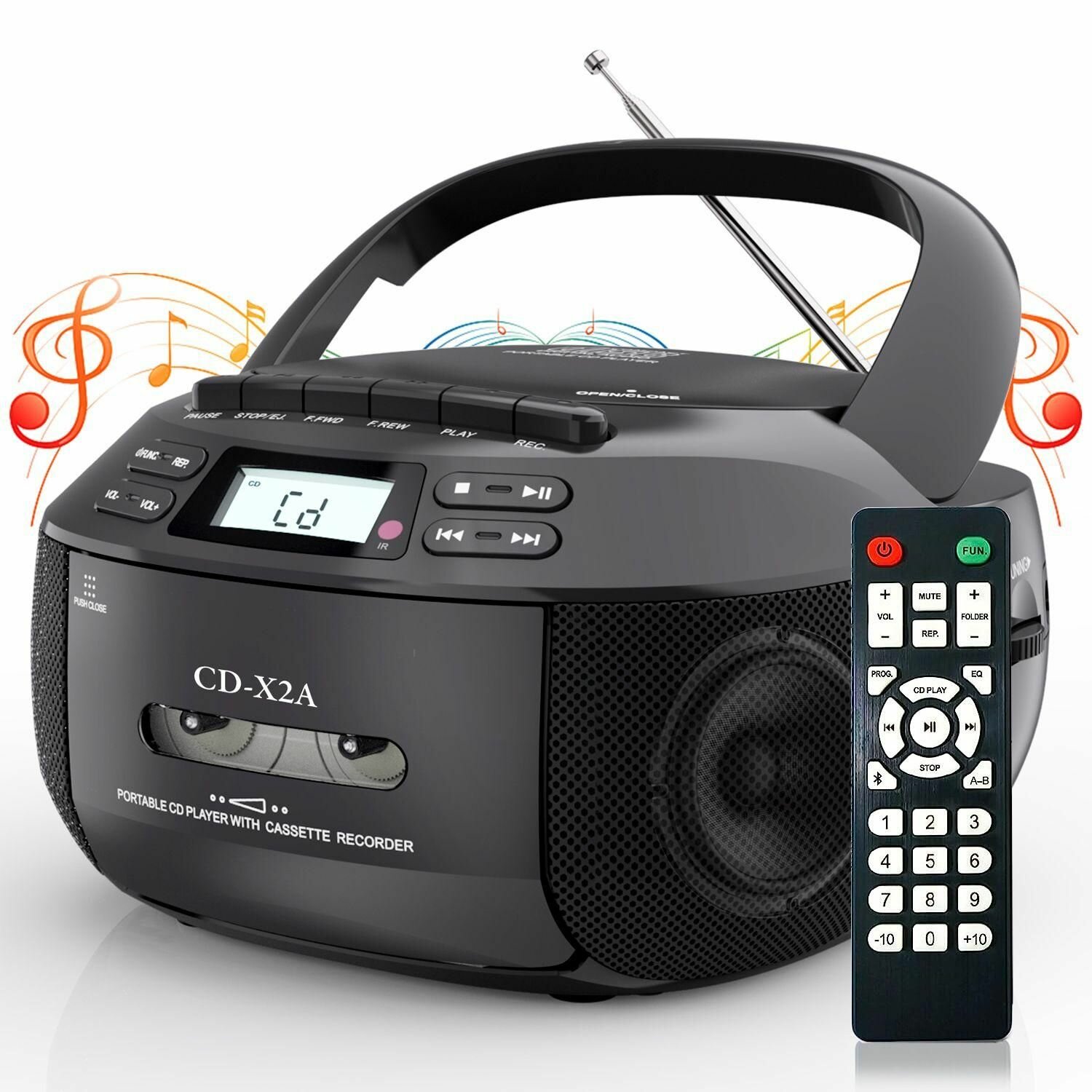 Boombox cd player портативный, проигрыватель компакт дисков, Cassette Bluetooth AM/FM Radio Стереозвук с дистанционным управлением, cd диск, black
