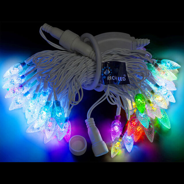 Светодиодная гирлянда Шишки 50 RGB LED ламп 7.5 м, белый каучук, соединяемая, IP54, Rich Led, RL-T7.5-50C-2/W/RGB