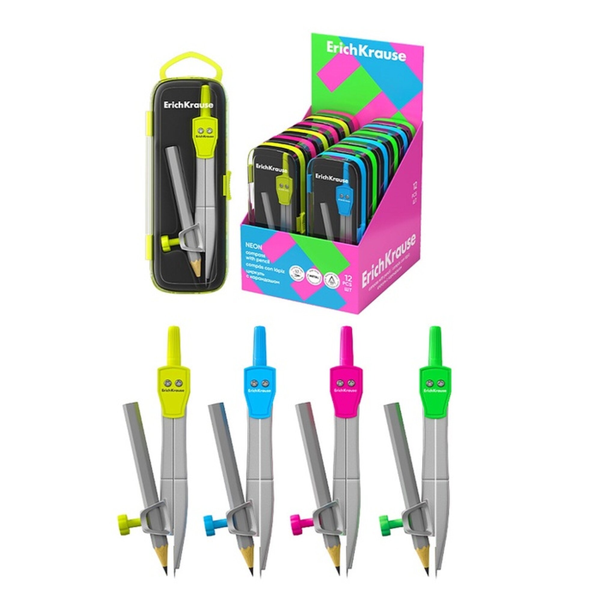 Циркуль металлический, ErichKrause School, 123 мм + карандаш, максимальный радиус 18.5 см, в футляре, микс