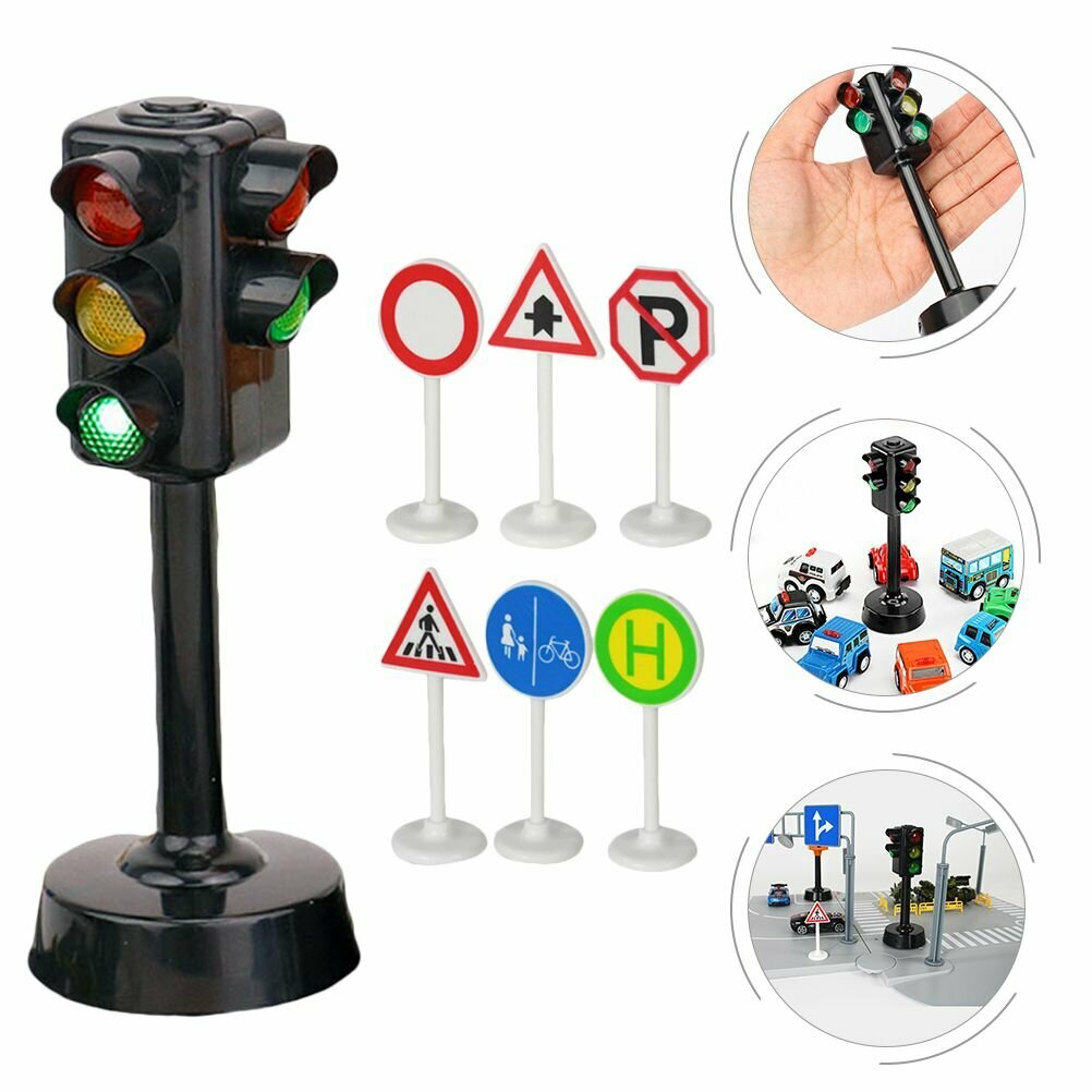 Набор пластиковых световых дорожных знаков и сигналов светофора для детей из 7 шт разноцветных