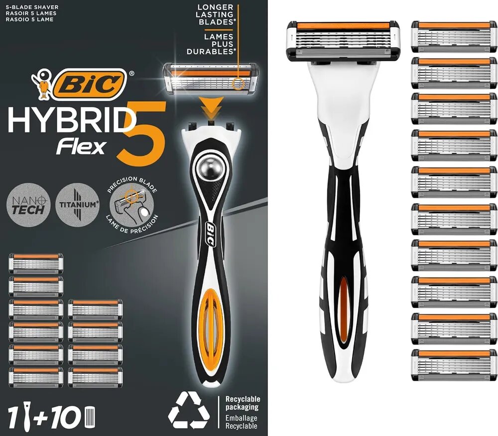 Бритва мужская BIC Hybrid 5 Flex, 5 нанотехнологичных подвижных лезвий, плавающая головка, увлажняющая полоска, 1 ручка и 10 сменные кассеты в упаковке