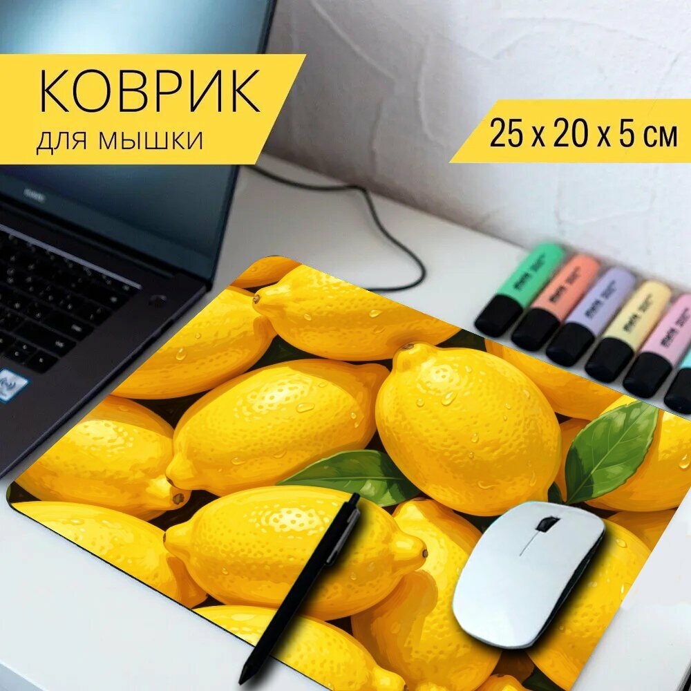 Коврик для мыши с принтом "Яркие лимоны с листьями. Насыщенная композиция из спелых цитрусов с каплями воды и зелёными листочками. Ярко-жёлтые оттенки, сочная фактура." 25x20см.
