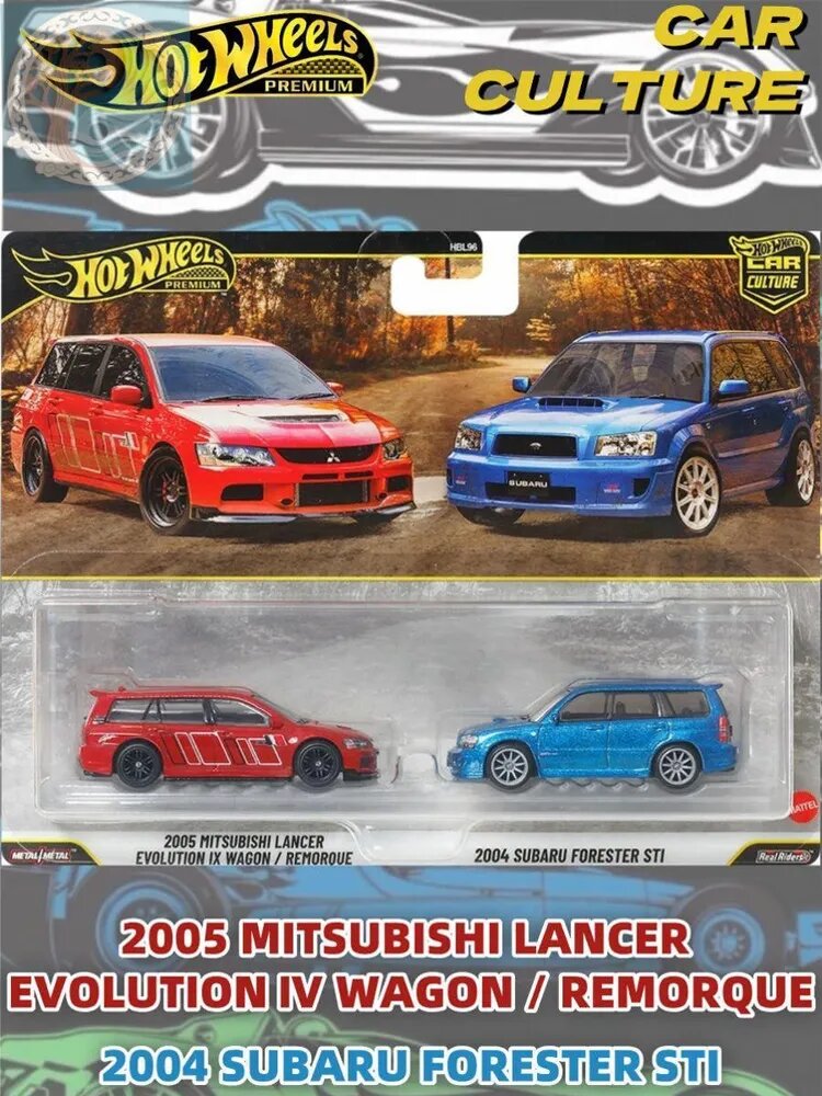 Hot Wheels Модели автомобилей Mitsubishi Lancer Evolution IV Wagon и Subaru Forester STI, 1:64, литые модели