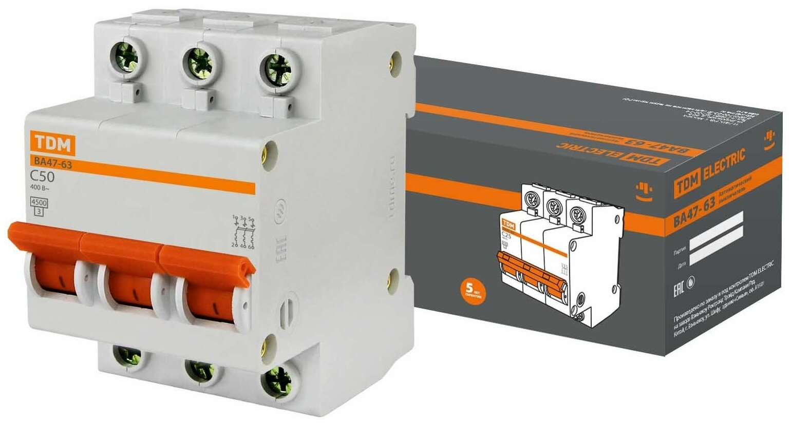 Выключатель автоматический TDM, ВА47-63 3P 50А 4,5кА х-ка С {SQ0218-0024}, 1 шт