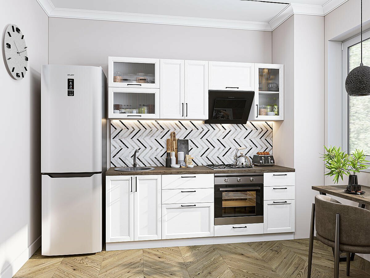 Кухня Сканди-02, цвет фасада White Silkwood, цвет каркаса Белый, 2140*2200*600 мм