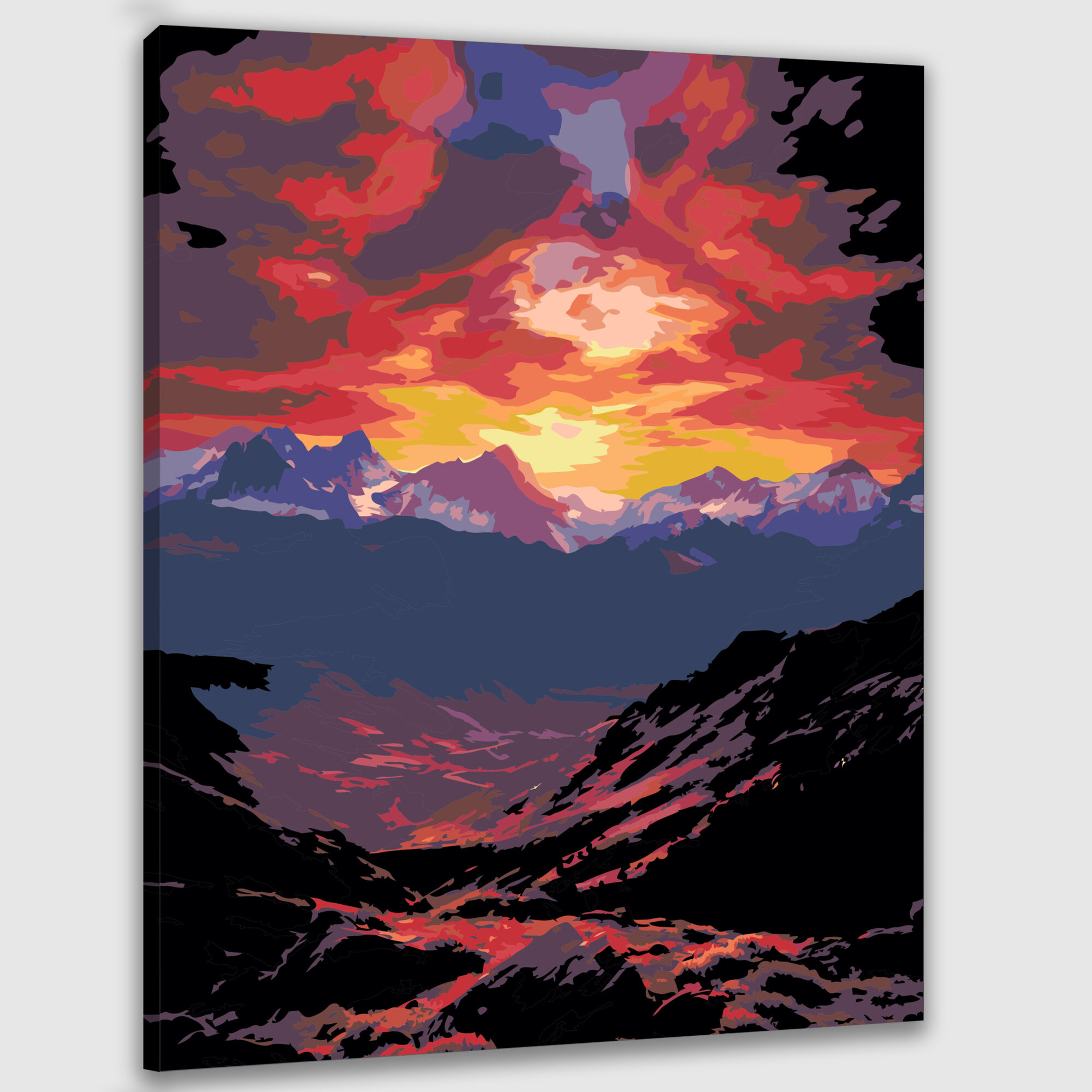 Картина по номерам 40x50 см, закат, горы, хребет, оранжевый, фиолетовый, синий, небо, свет, природа, благоговение, f