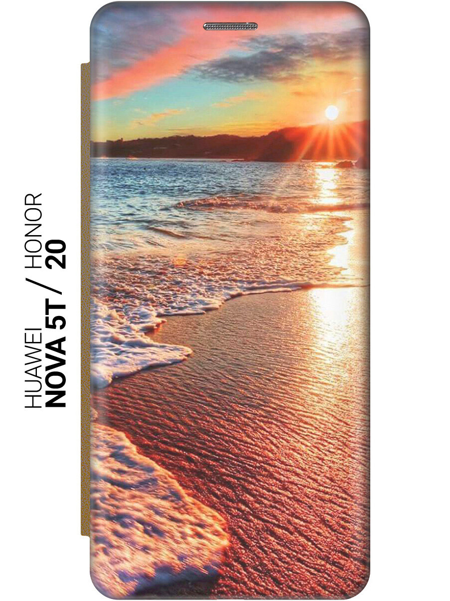Чехол-книжка на Honor 20, Huawei Nova 5T, Хонор 20, Хуавей Нова 5Т с 3D принтом "Залитый светом пляж" золотой