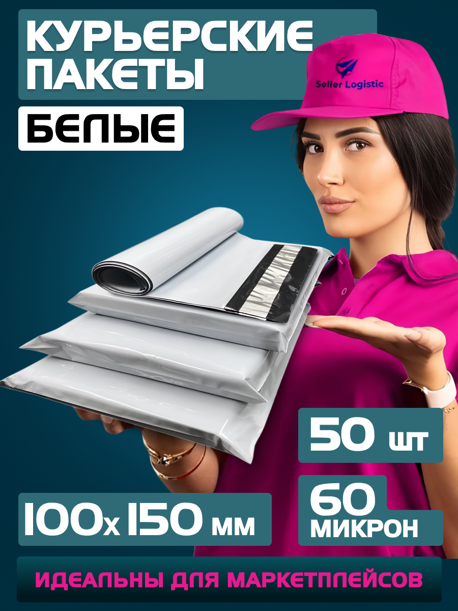 Курьерский почтовый пакет 100х150 +40 мм (60 мкм)/для маркетплейсов и посылок/без кармана-50 штук