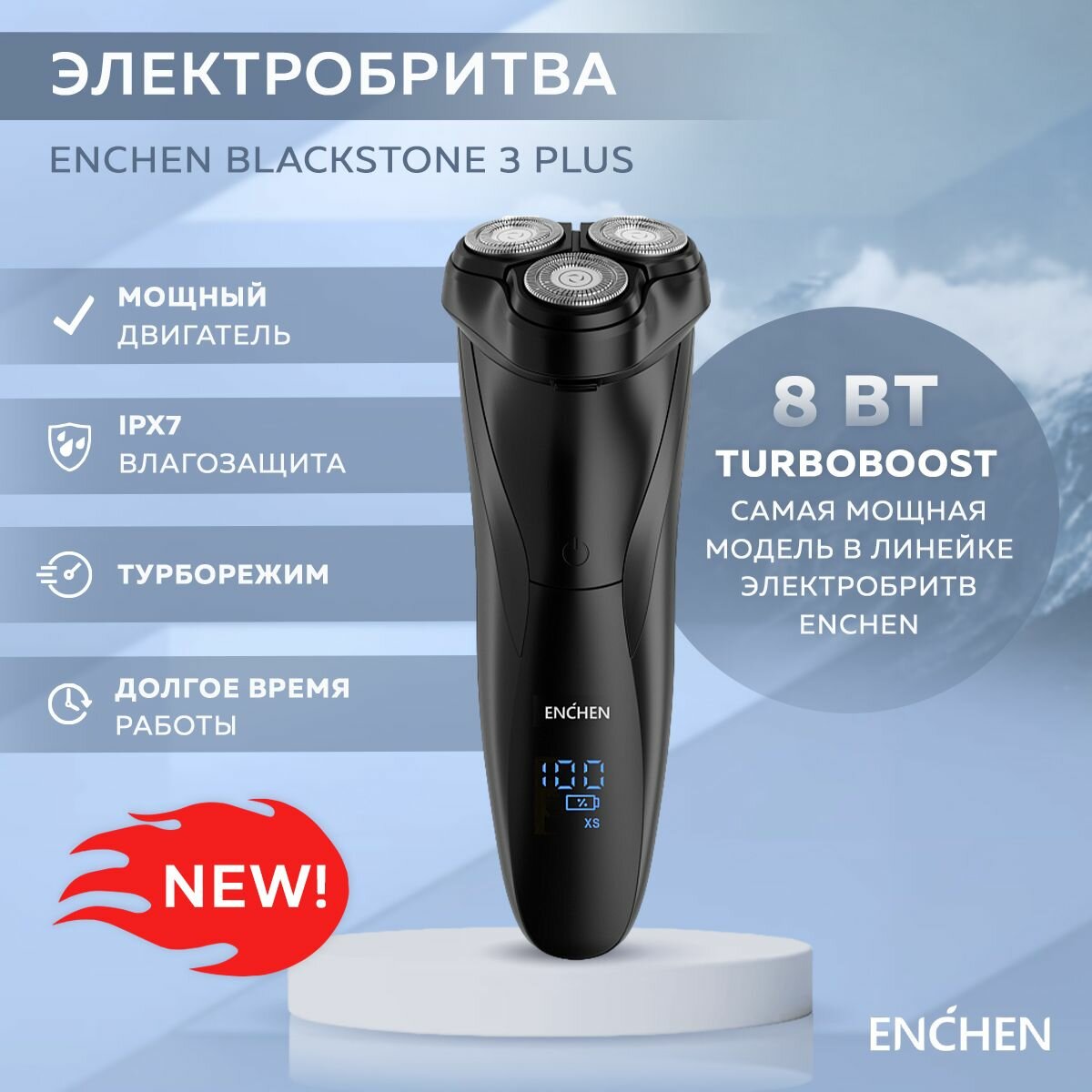 Электробритва Enchen OS8W темно-синий, 8 Вт с плавающими 3D головками, type-c разъем для зарядки