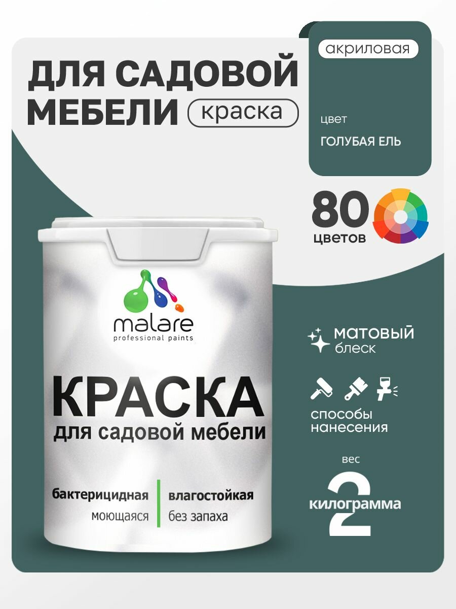 Акриловая краска Malare для садовой мебели/ по дереву, для наружных и внутренних работ/ быстросохнущая моющаяся без запаха матовая, голубая ель, 2 кг