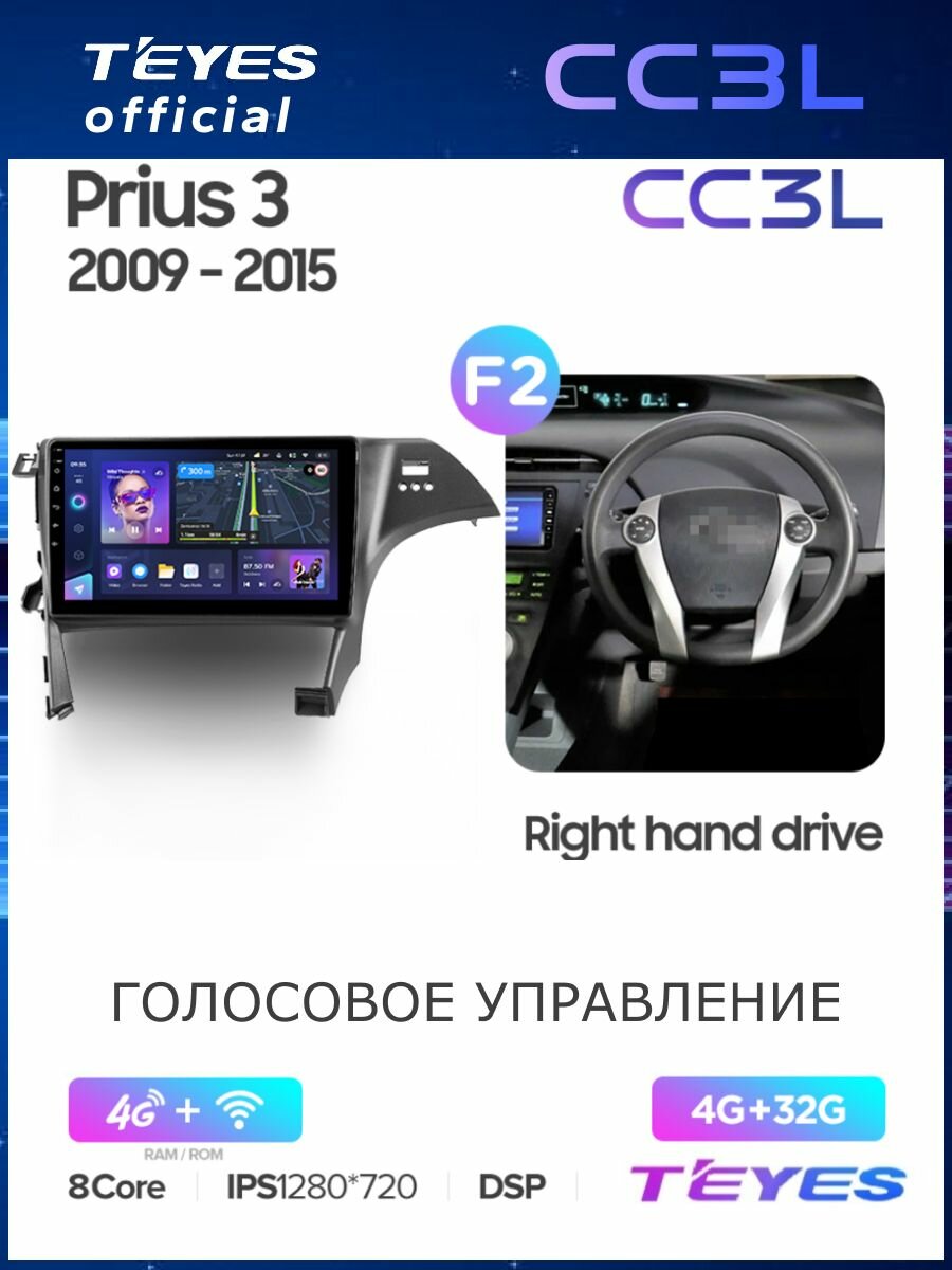 Магнитола Toyota Prius 3 XW30 (Right Hand Drive) 2009-2015 (Тип F2) Teyes CC3L 4/32GB, штатная магнитола, 8-ми ядерный