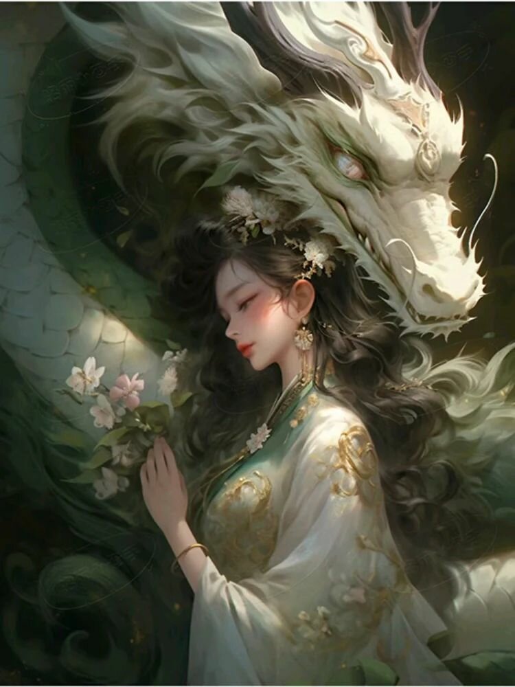 Алмазная картина "Дракон и Девушка" алмазная огранка 40х50 см,40X50CM, белый