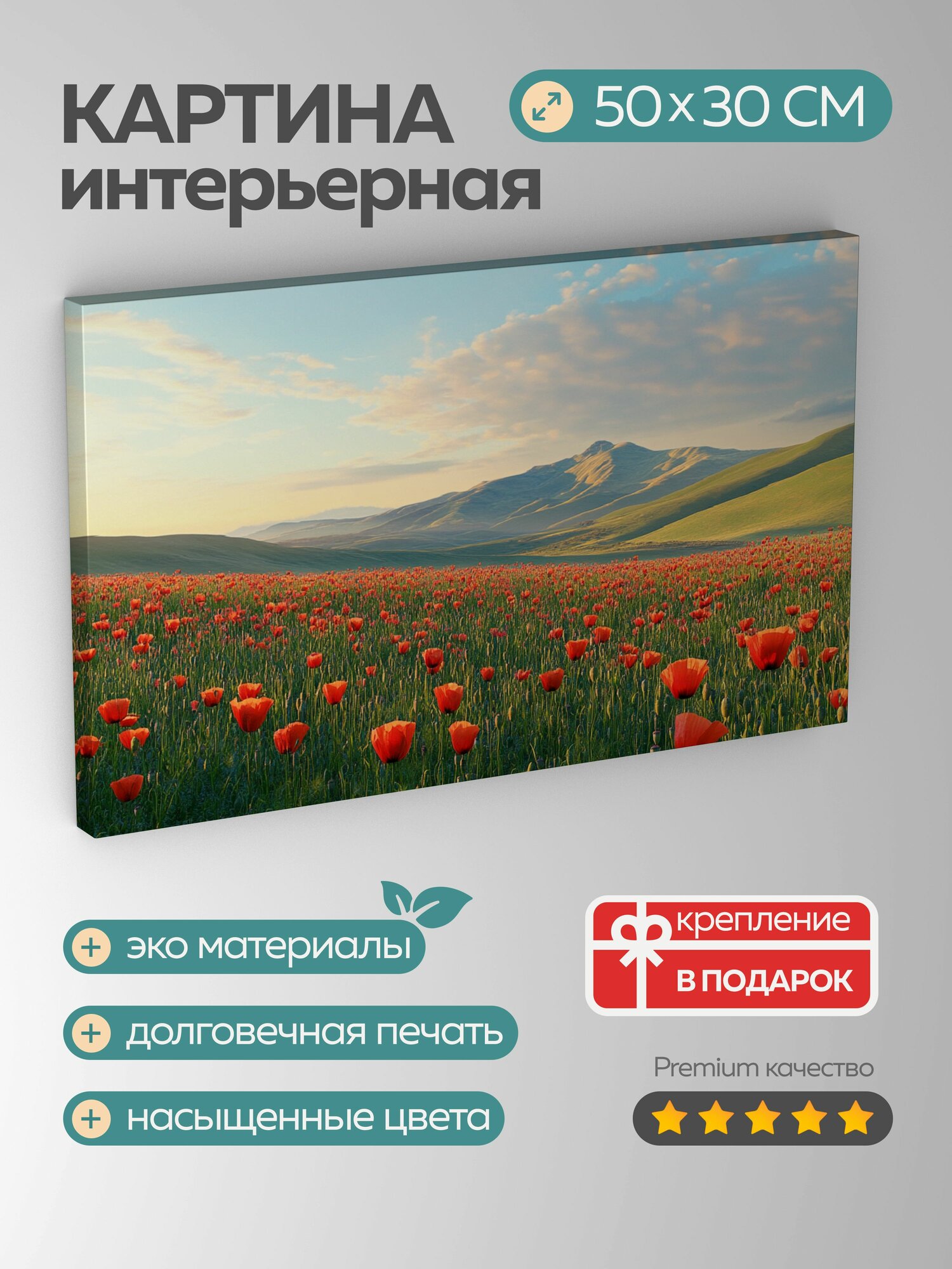 Картина на холсте интерьерная 50х30 см, маки, поле, золотой час, яркие цвета, освещенные светом, холмы, голубое небо
