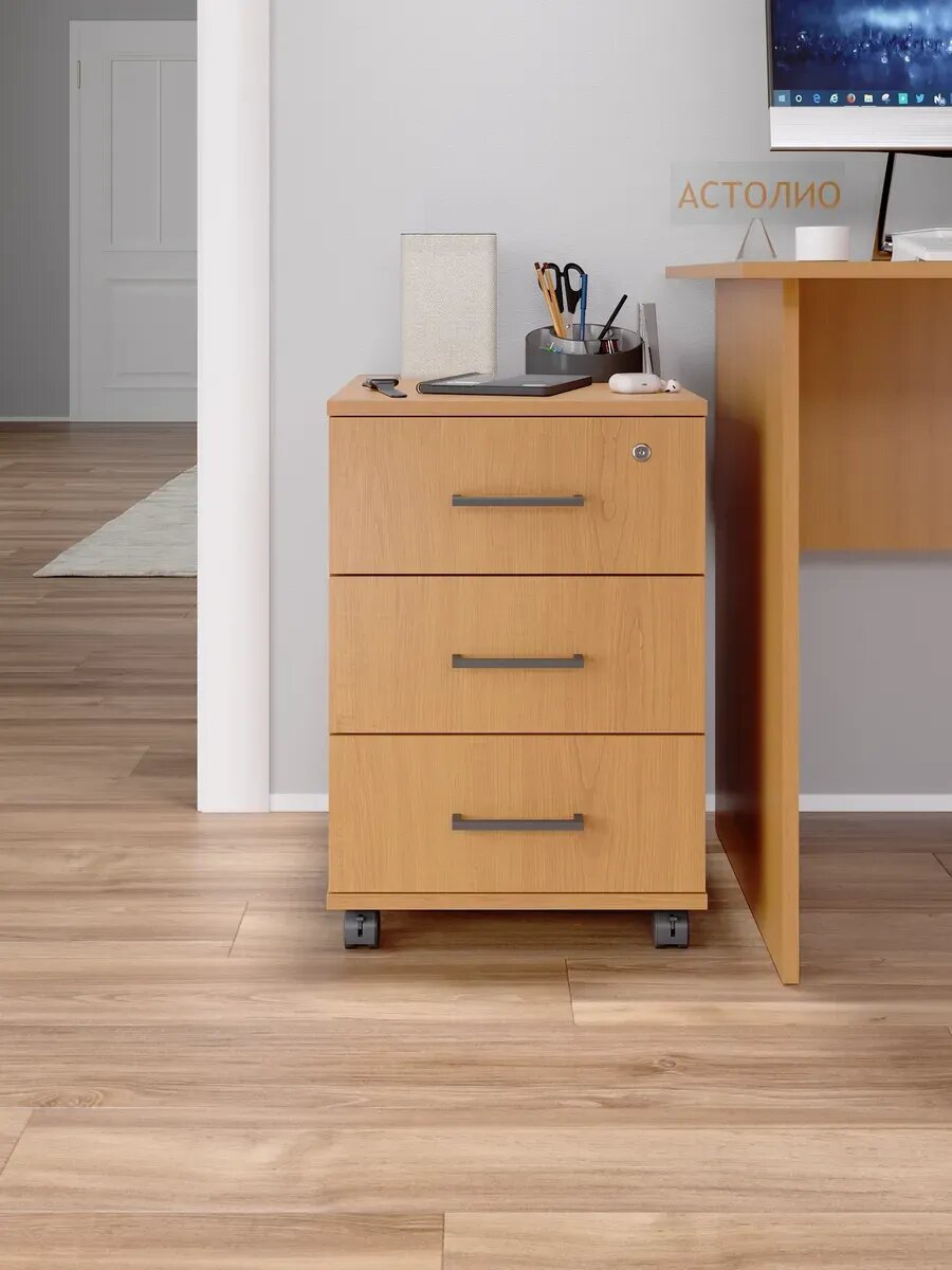 Тумба офисная астолио Степика, 3 ящика, замок, на колесиках, 40x45x60 см, вишня оксфорд