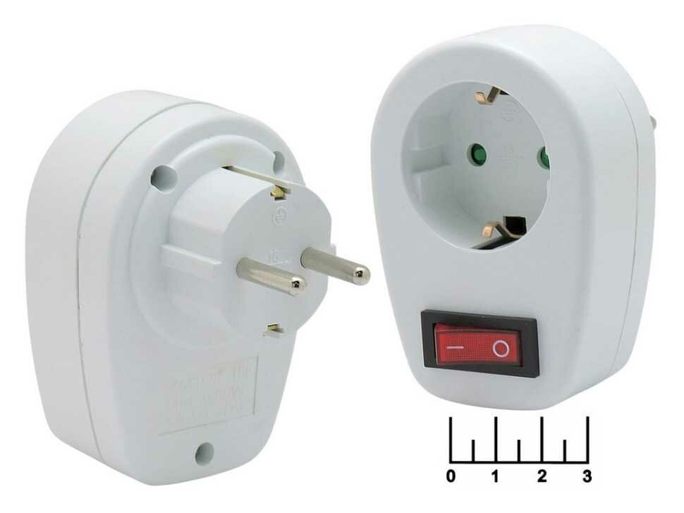 Переходник электрический Евро с выключателем 16a с землей Camelion/Volsten SA1/1-ZDV