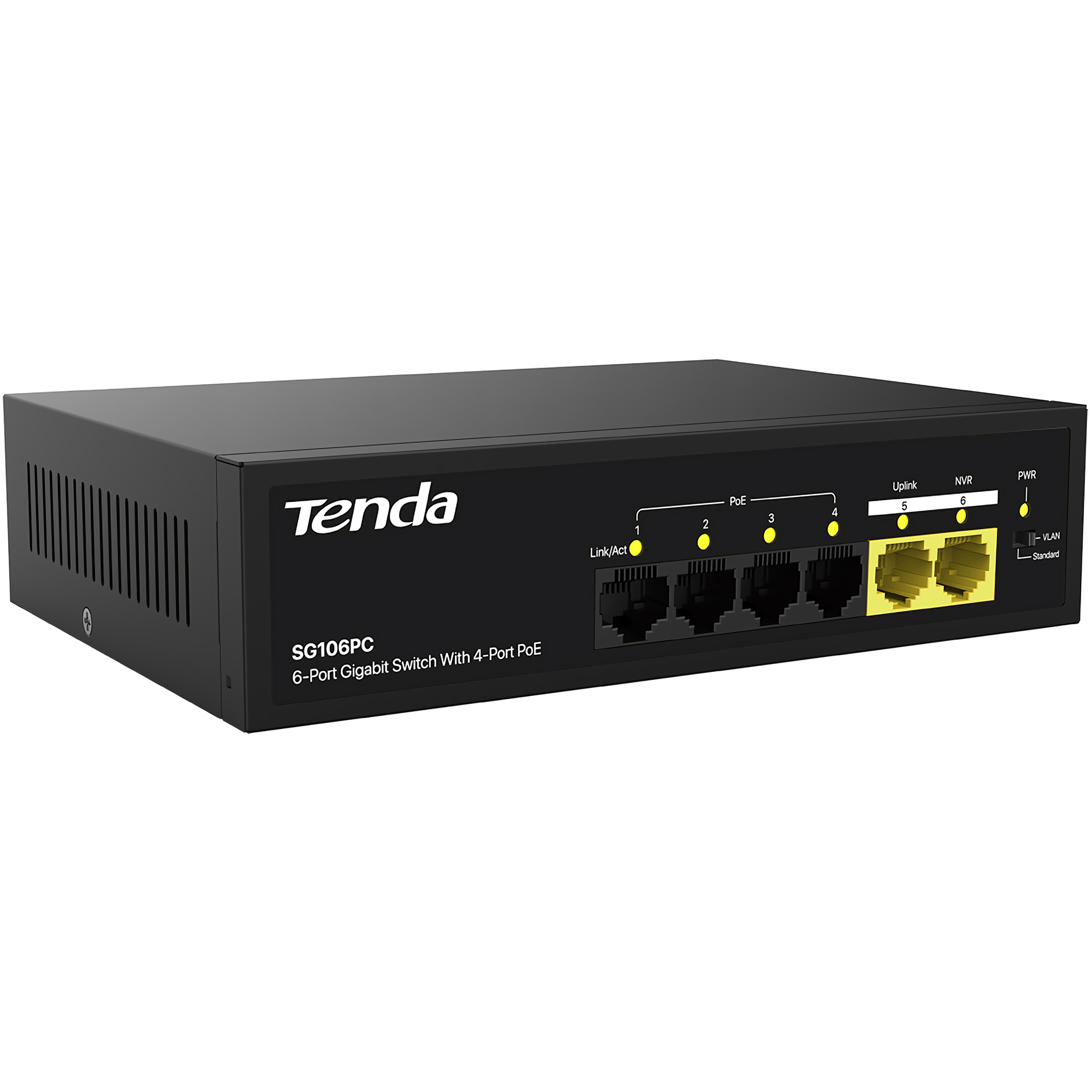 Коммутатор Tenda SG106PC, неуправляемый, 6 портов, 4 PoE, черный