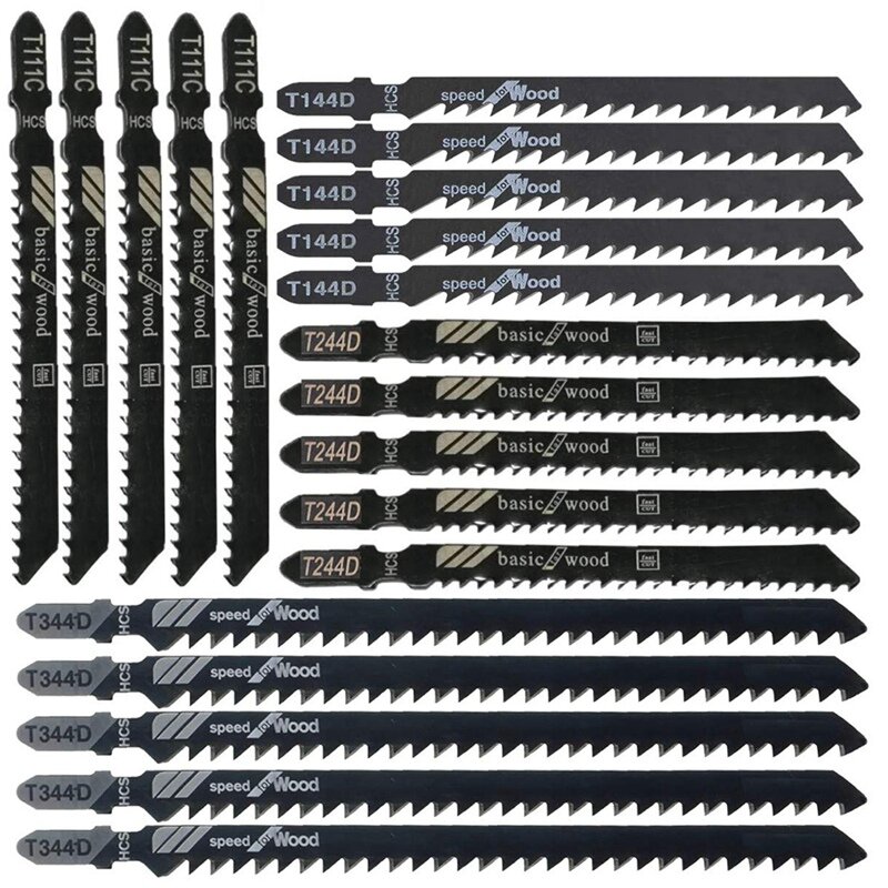 Набор из 20 лобзиков с Т-образным хвостовиком для резки дерева и пластика. Конструкция с Т-образным хвостовиком совместима с большинством лобзиков.
