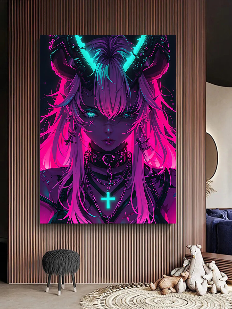 Картина на стену для интерьера - "Девушка аниме хентай неон" , 20х30 см.
