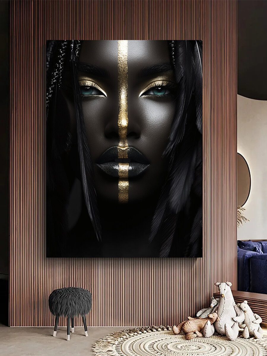 Картина интерьерная - "Африканка / Негритянка, лицо девушки, золото" , 40х60 см.