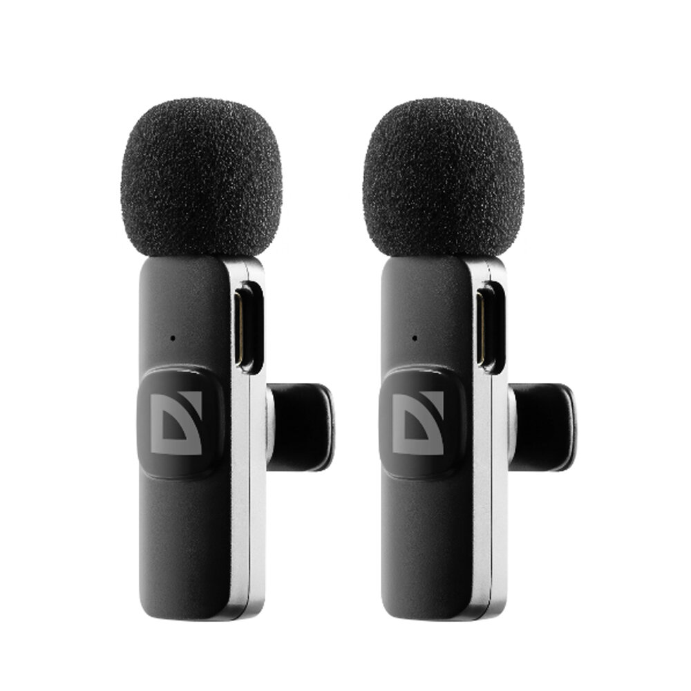 Петличный микрофон DEFENDER Talky -138, комплект из двух петличных микрофонов и ресивера для устройств с разъемом type C, беспроводные, на прищепке, в комплекте 2 шт, чёрный.