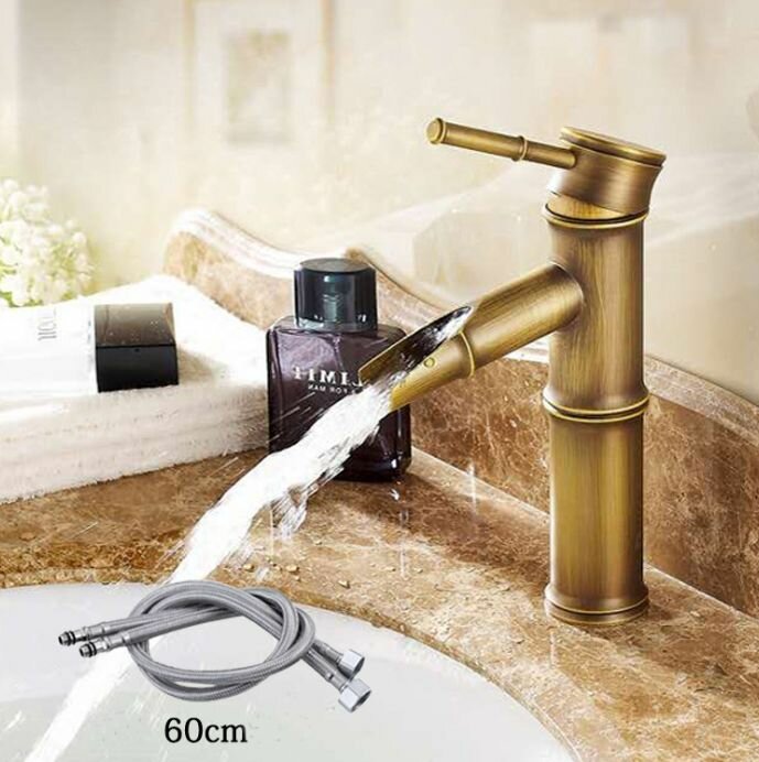 Смеситель для раковины ванной комнаты с водопадом из старинной латуни, роскошный высокий бамбуковый смеситель с охлаждением